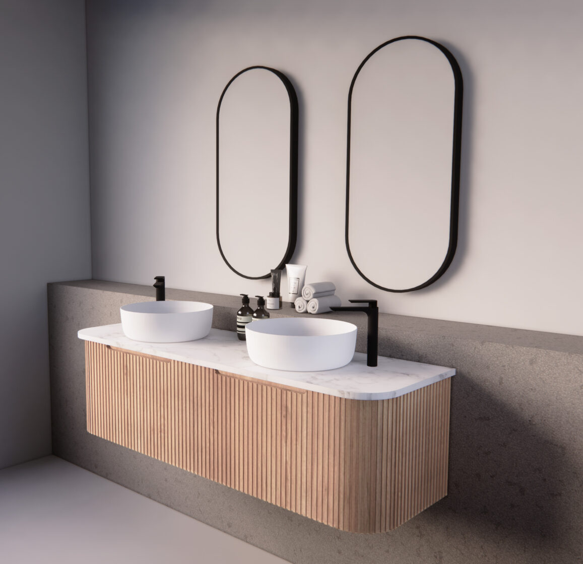 Bergen | Curve Solid Timber 1500mm Fluted Groove Double Bowl Wall Hung Vanity - Bathroom Upgrade