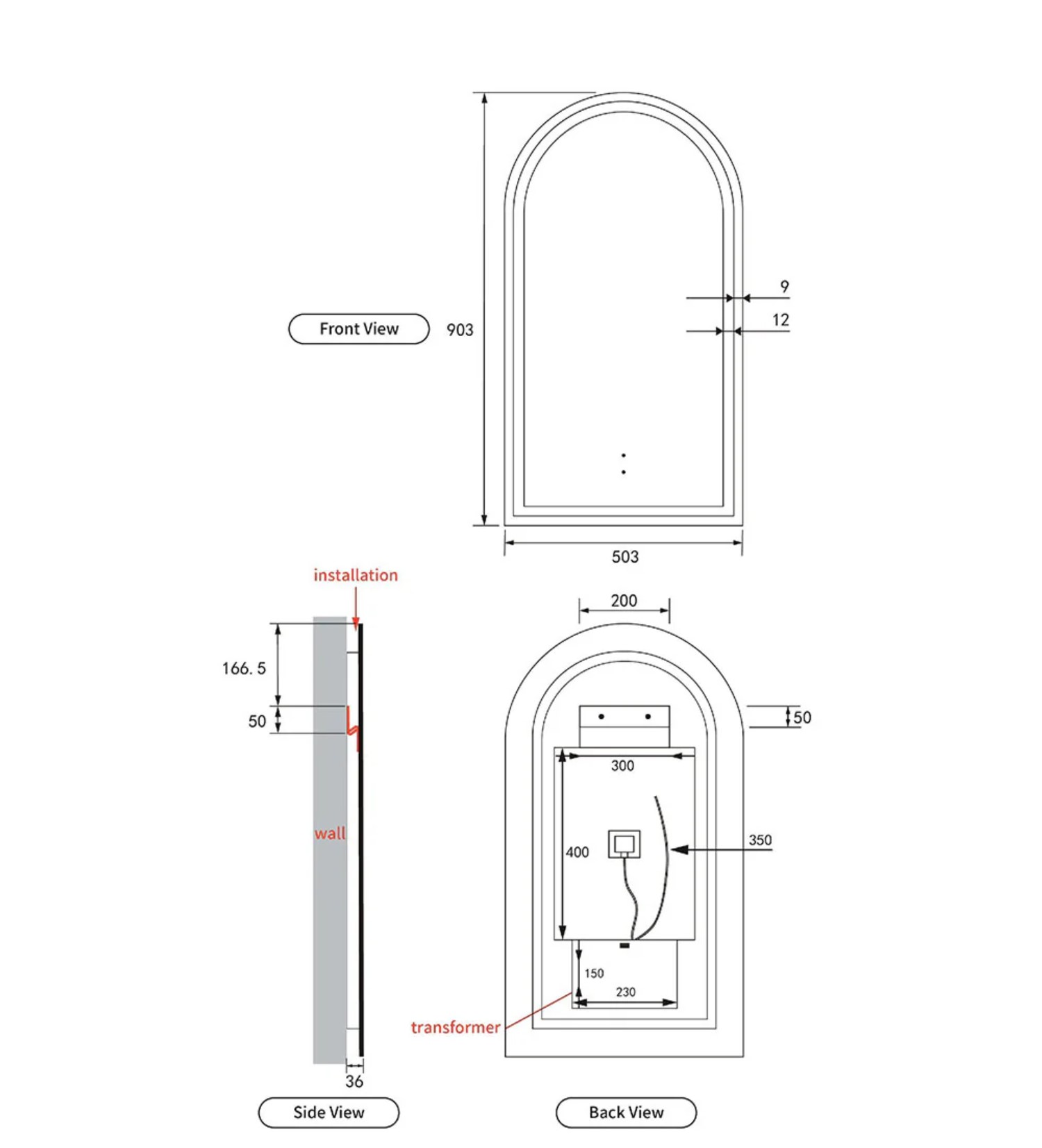 Canterbury | Brushed Bronze Framed Touchless Arch LED Mirror - Three ...