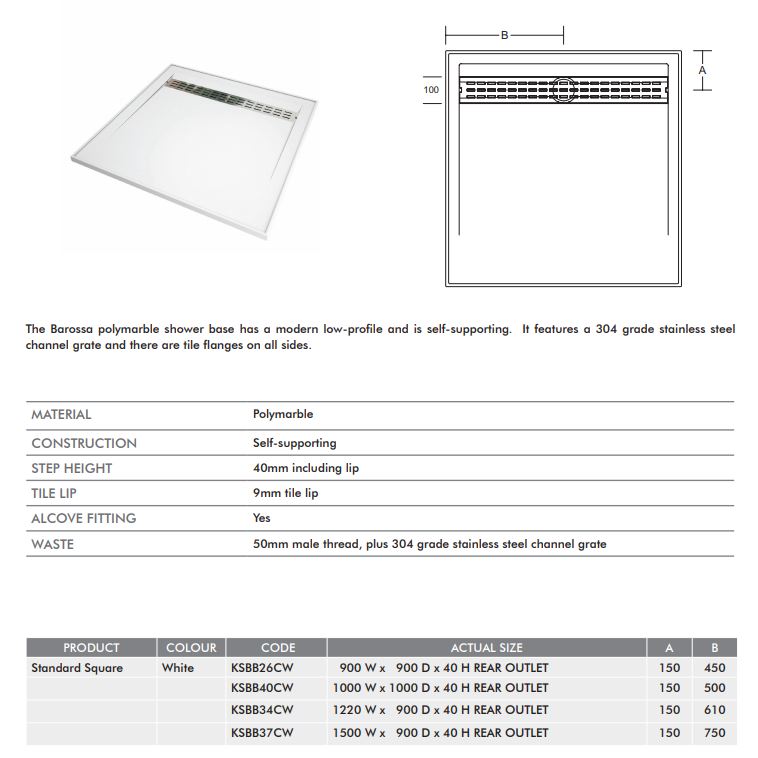 Barossa | Polymarble Shower Base 900x900 Tray With Stainless Channel ...