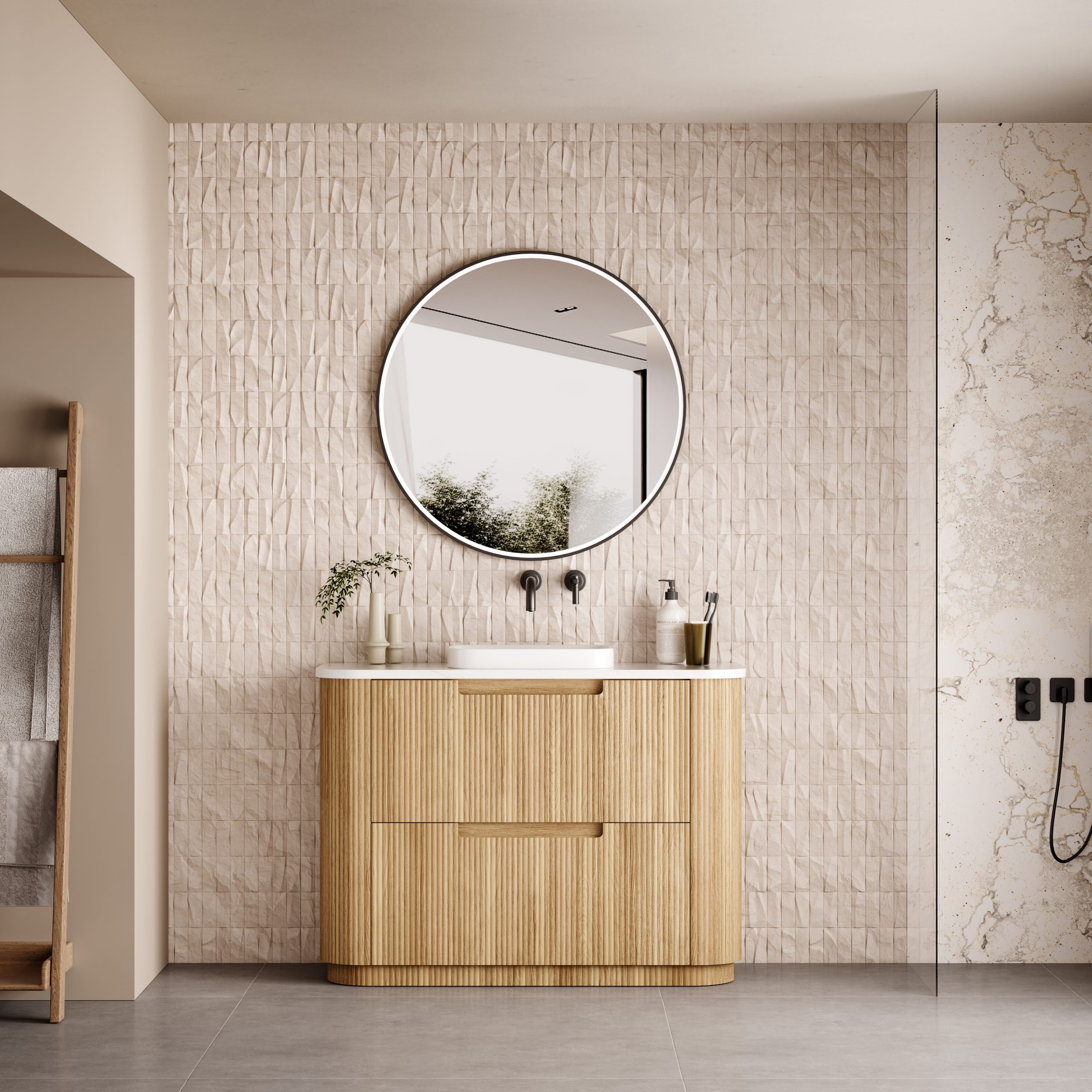 Aulic | Varcelli 1200mm Harvest Oak Fluted Free Standing Curved Vanity ...