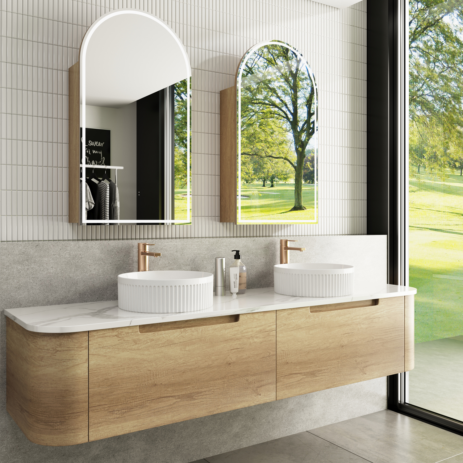 Aulic | Carita 1800mm Natural Timber Wall Hung Curved Vanity - Bathroom ...